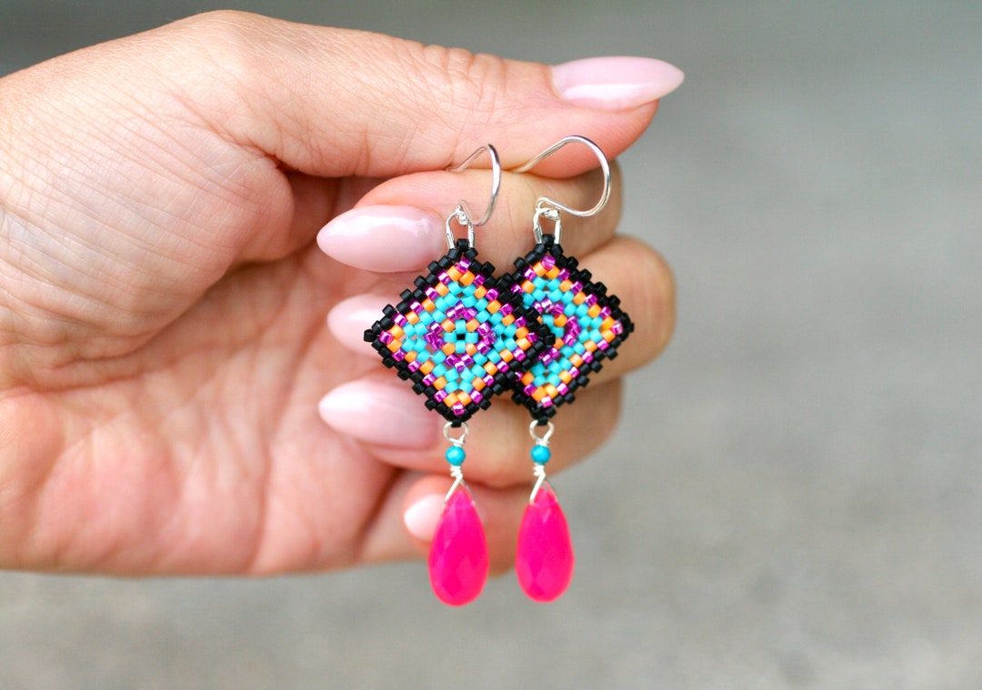 Granny Square Beaded Earrings, Hot Pink Chalcedony Gemstone Earrings ...