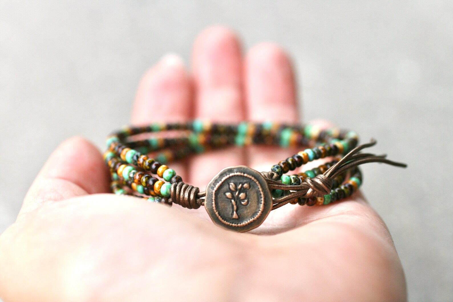 Tree of Life Beaded Bracelet, Boho Leather Wrap, Fall Colors - Etsy