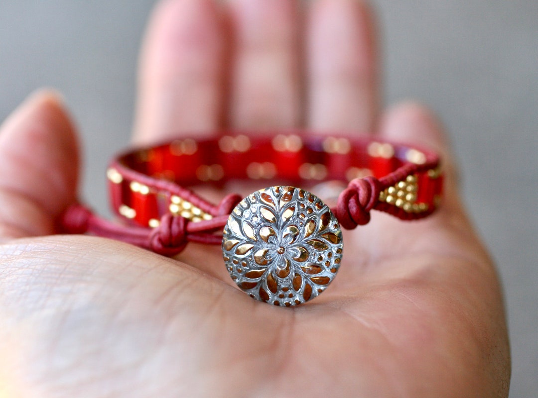 Red and Gold Beaded Leather Wrap Bracelet, Leather Bracelet, Beaded ...