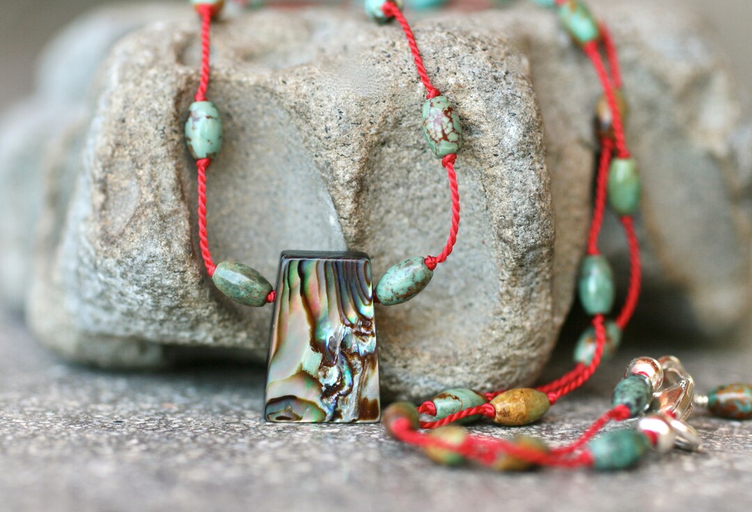 Abalone Shell Pendant Necklace, Turquoise Gemstone Necklace, Knotted ...