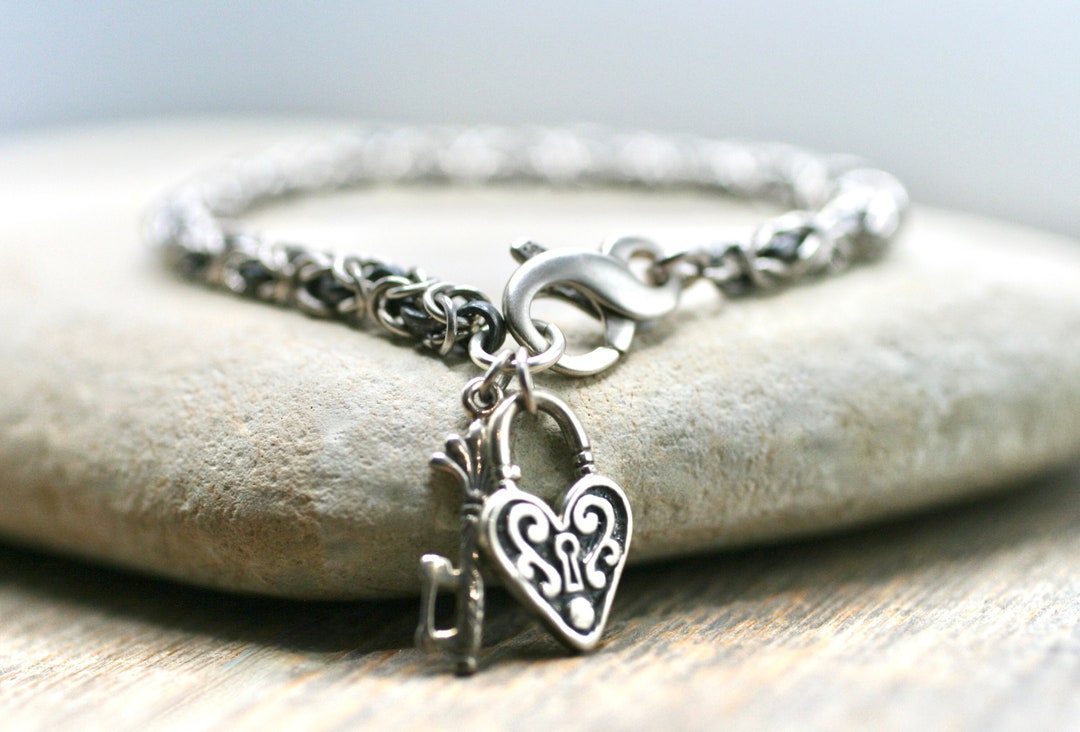 Heart Lock and Key Charm Bracelet, Chainmail Byzantine Bracelet ...