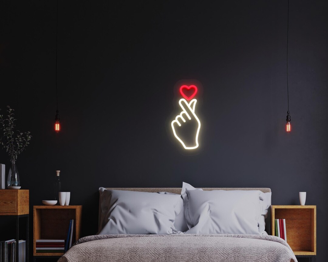 Finger Heart Neon Sign, LED Light up Sign, Hand Sign, Romantic ...