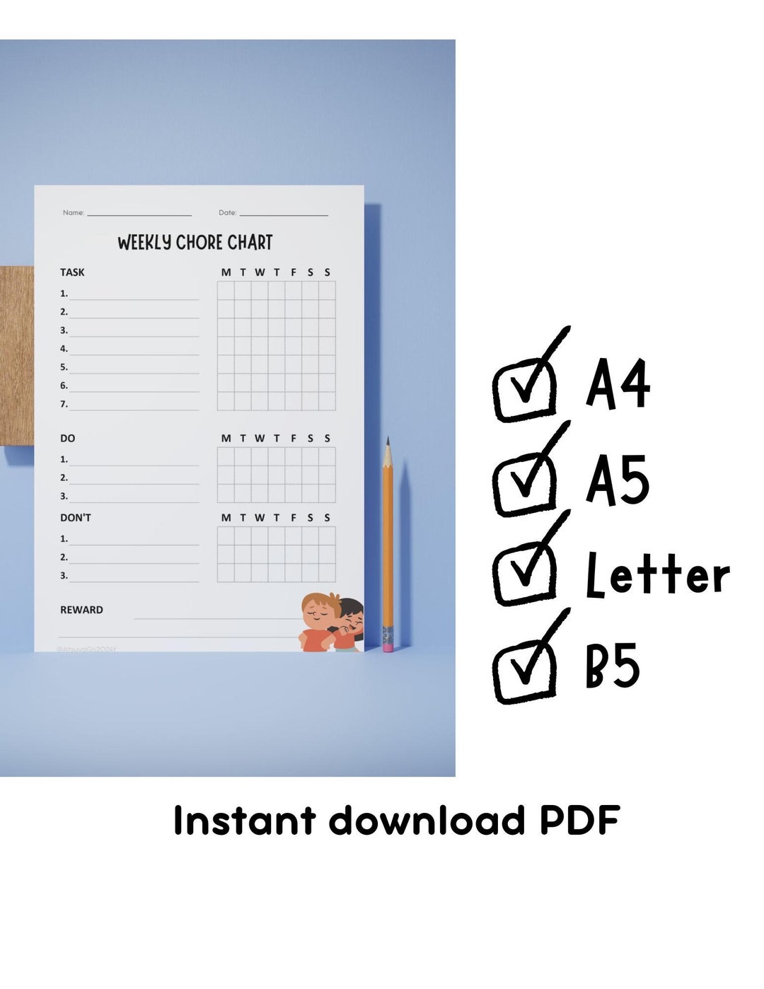 Weekly Chore Chart for Kids Printable, Simple Chores, House ...