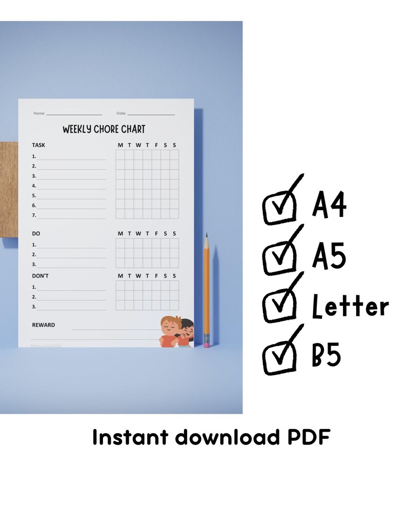 Weekly Chore Chart for Kids Printable, Simple Chores, House ...