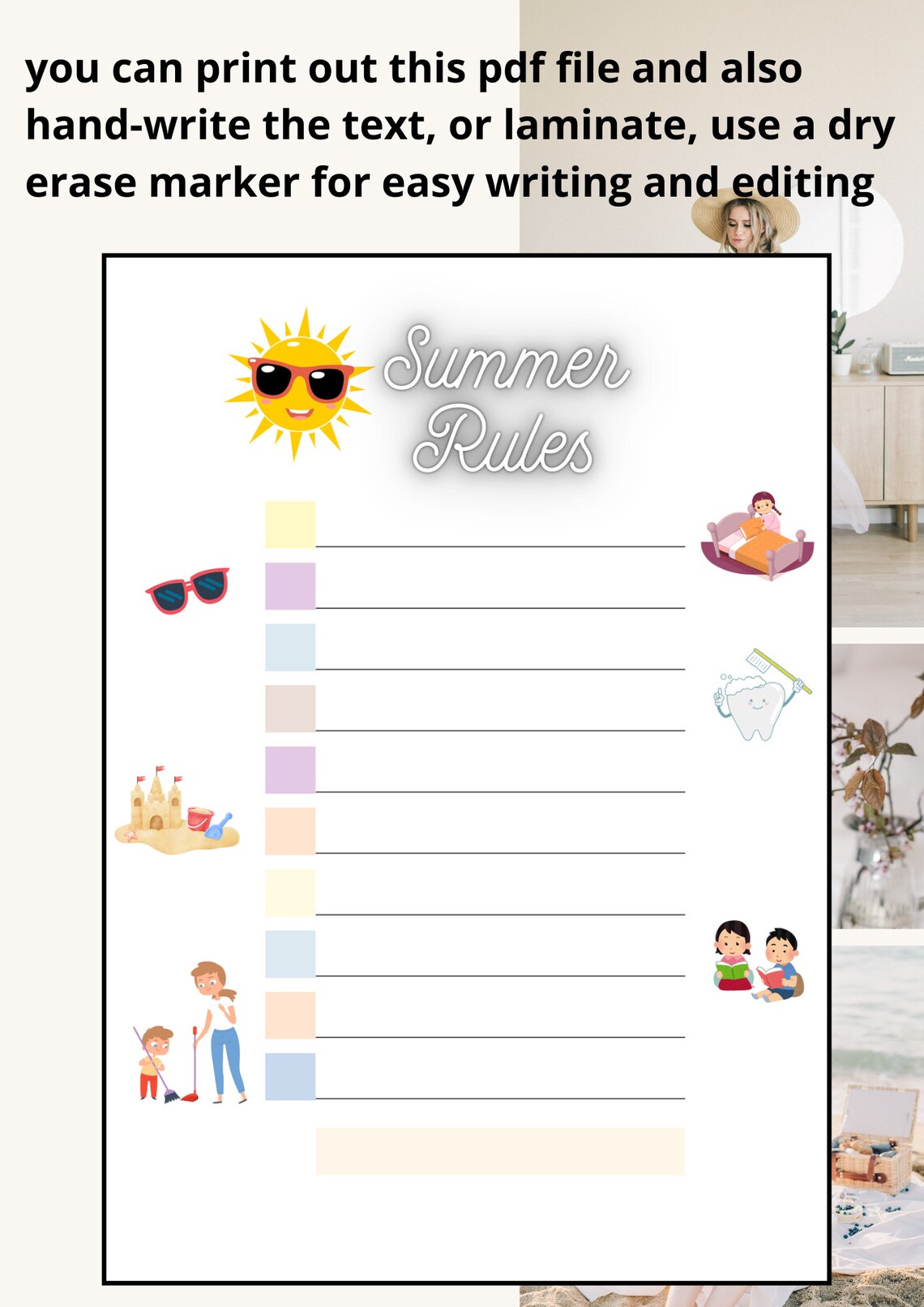 Editable Summer Rules, Printable Minimalistic Chore Chart PDF Daily ...