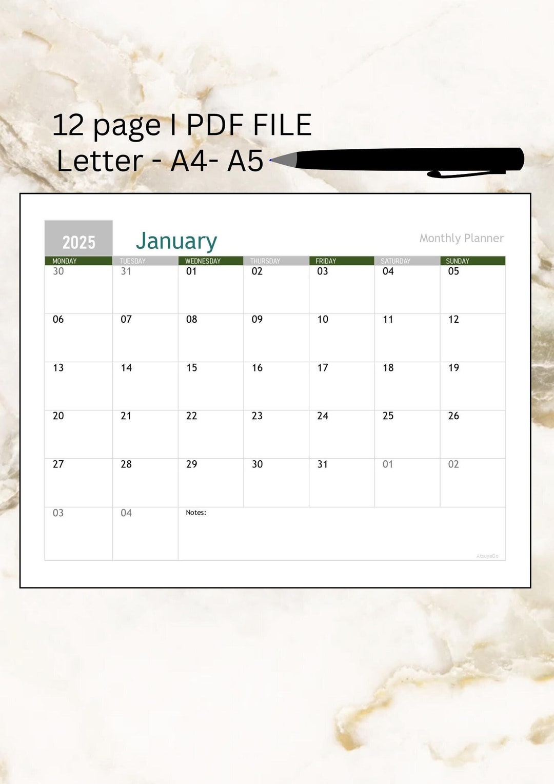 2025 Monthly Planner on One Page Landscape, Monthly Agenda, 2025 ...