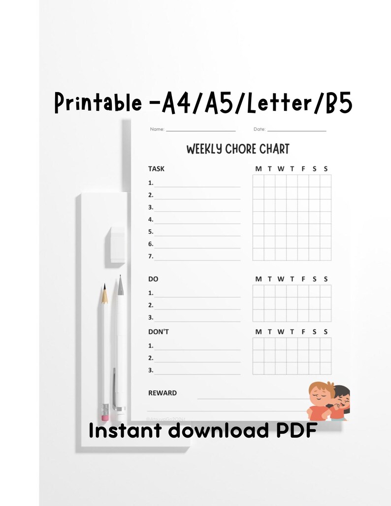 Weekly Chore Chart for Kids Printable, Simple Chores, House Responsibilities, Homeschool Planner ...