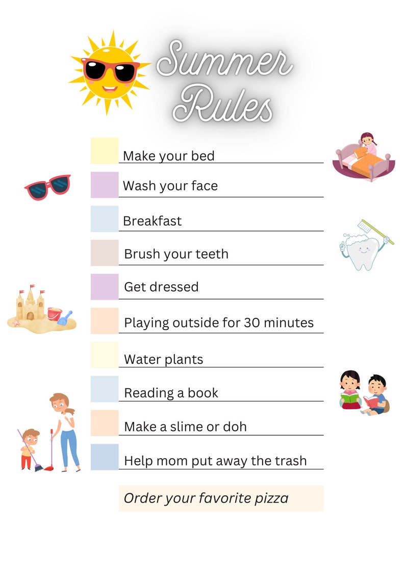 Editable Summer Rules, Printable Minimalistic Chore Chart PDF Daily ...