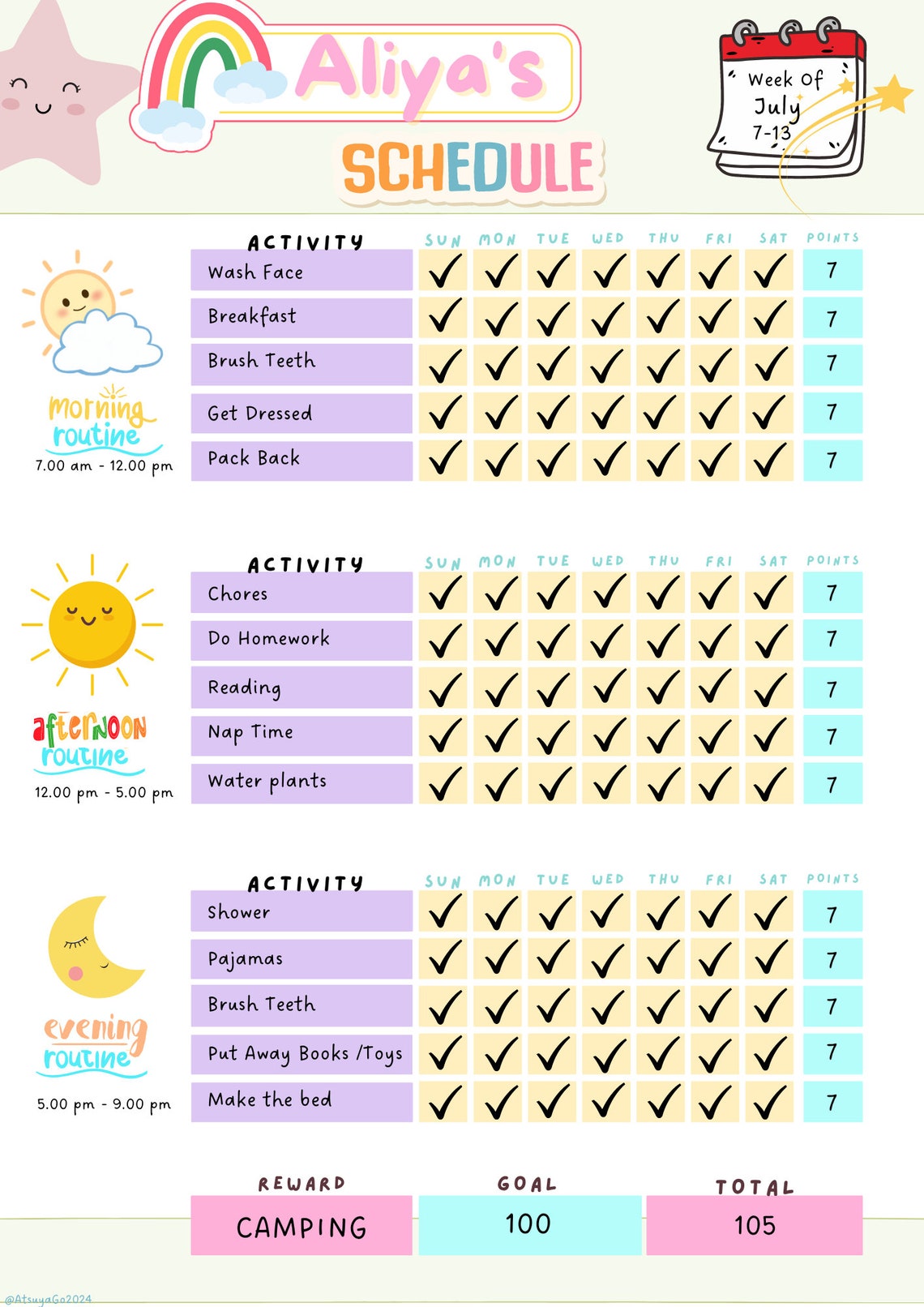 Kids Daily Activity Checklist Schedule Printable, Editable Chores Chart ...