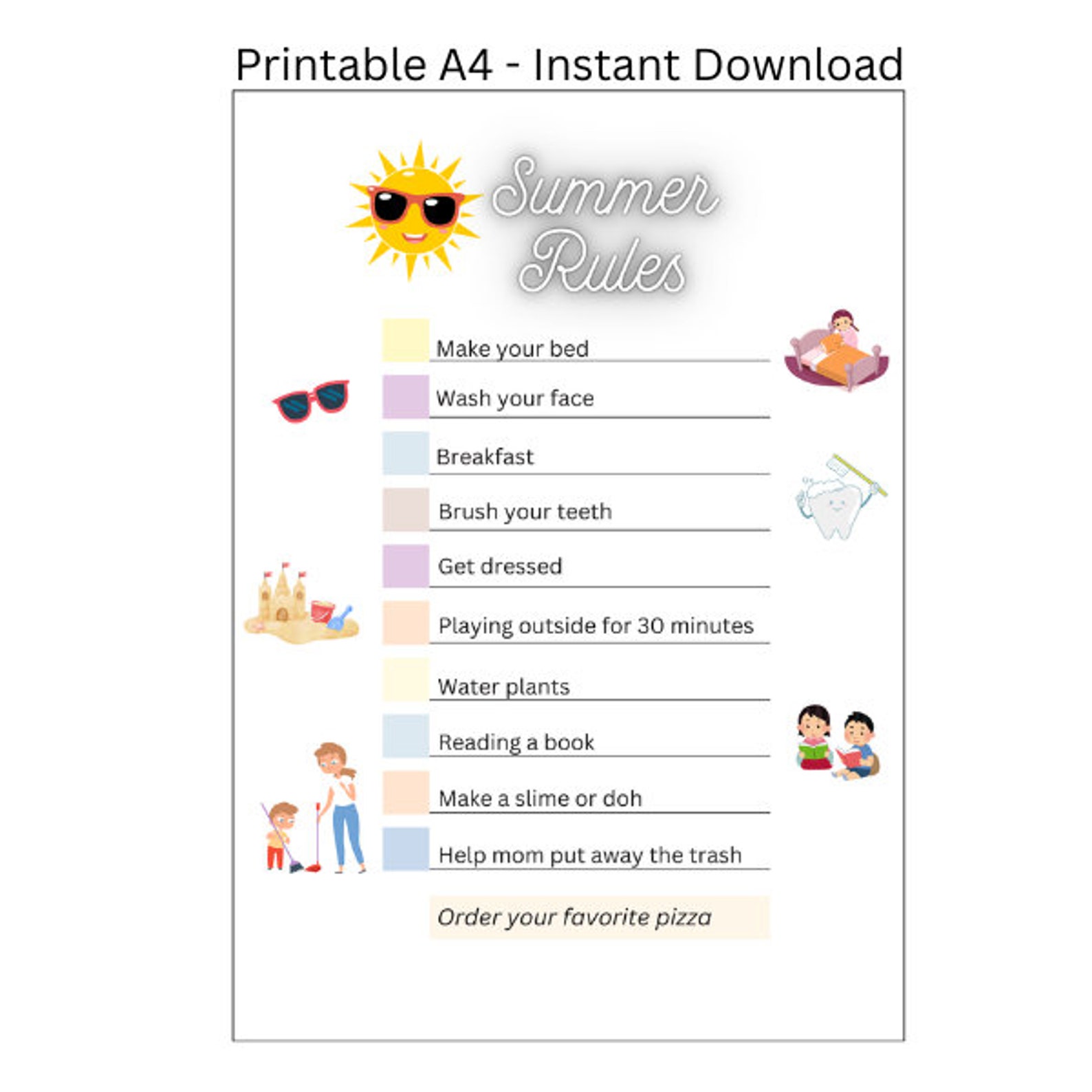 Editable Summer Rules, Printable Minimalistic Chore Chart PDF Daily ...
