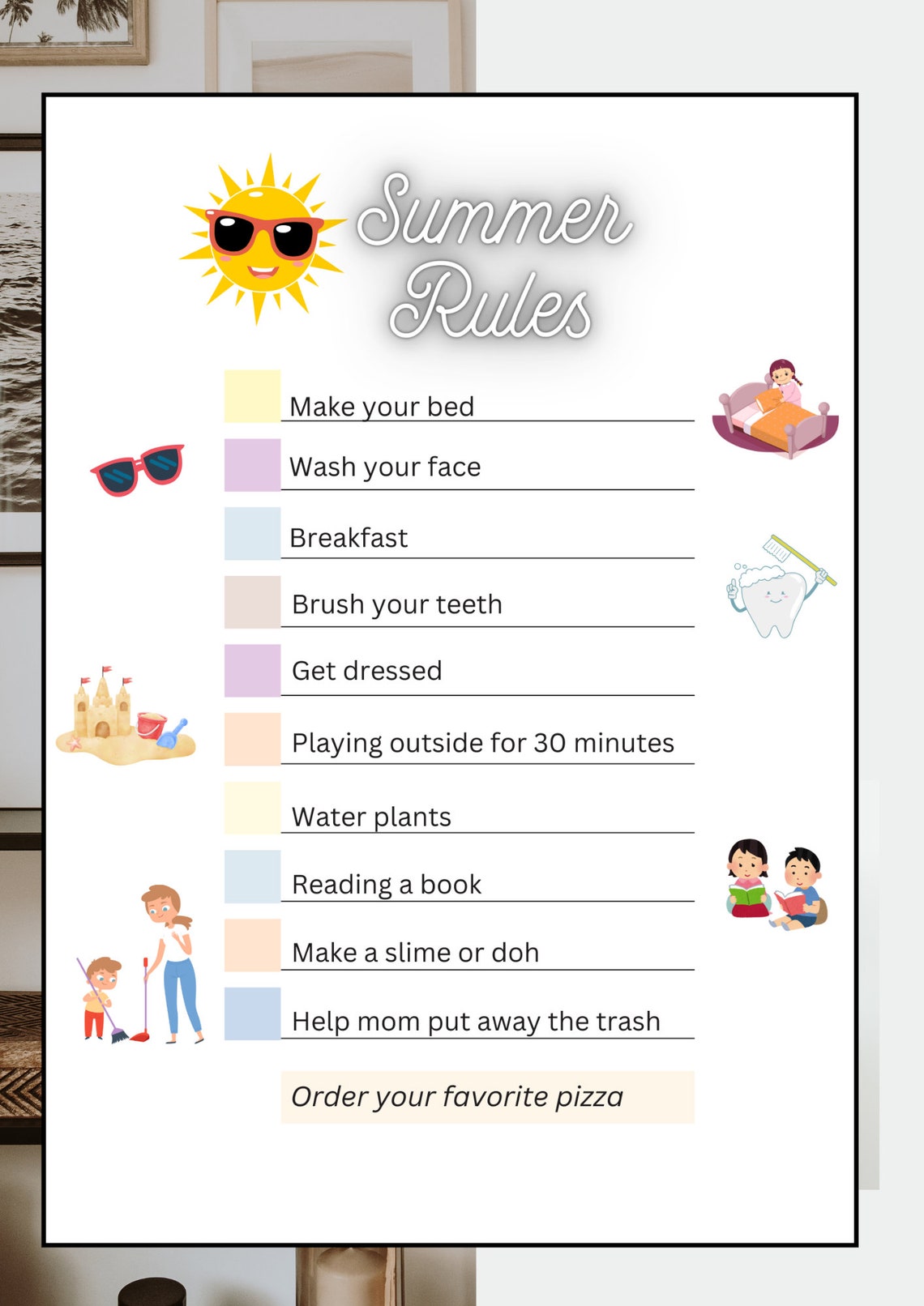 Editable Summer Rules, Printable Minimalistic Chore Chart PDF Daily ...