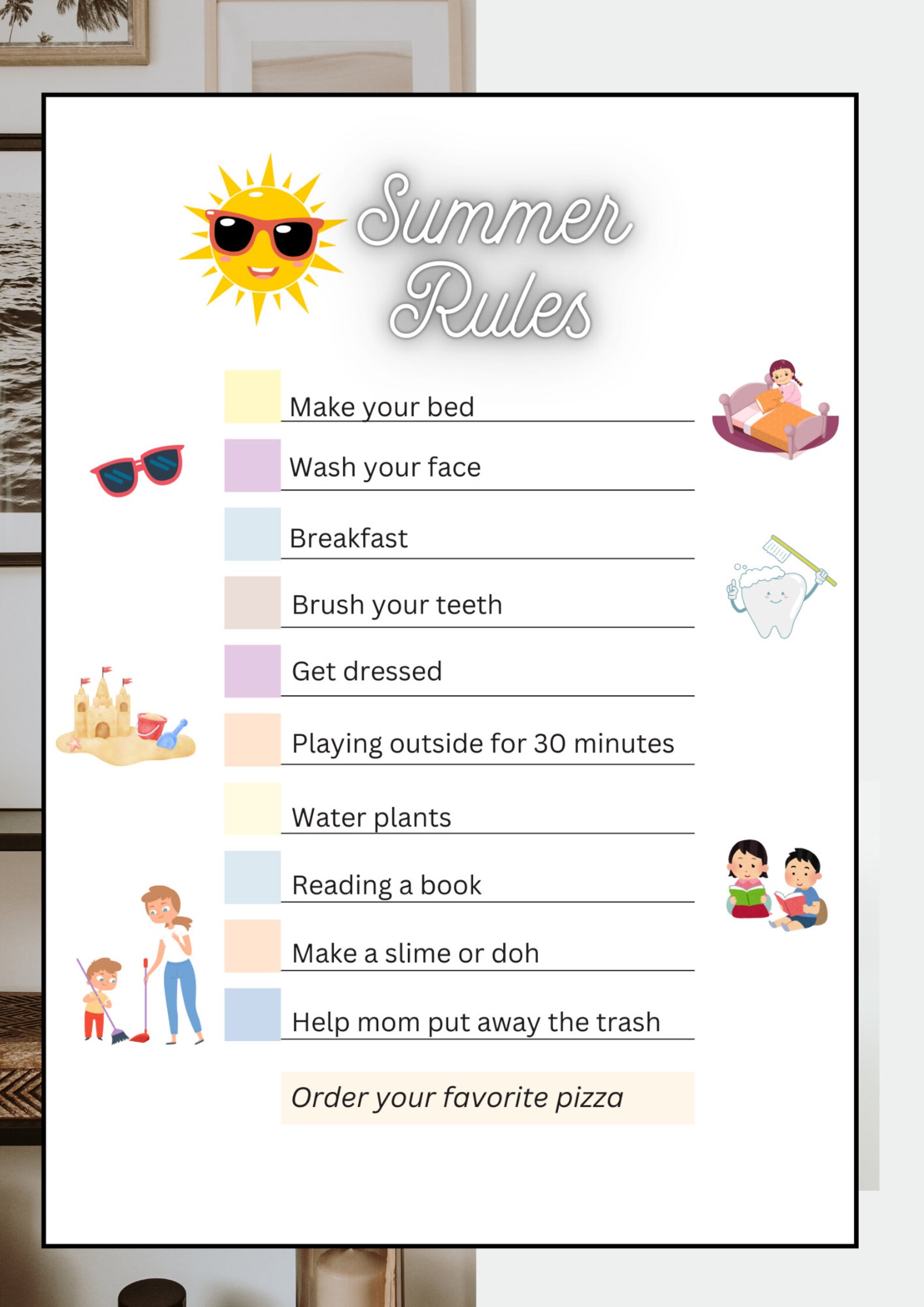 Editable Summer Rules, Printable Minimalistic Chore Chart PDF Daily ...