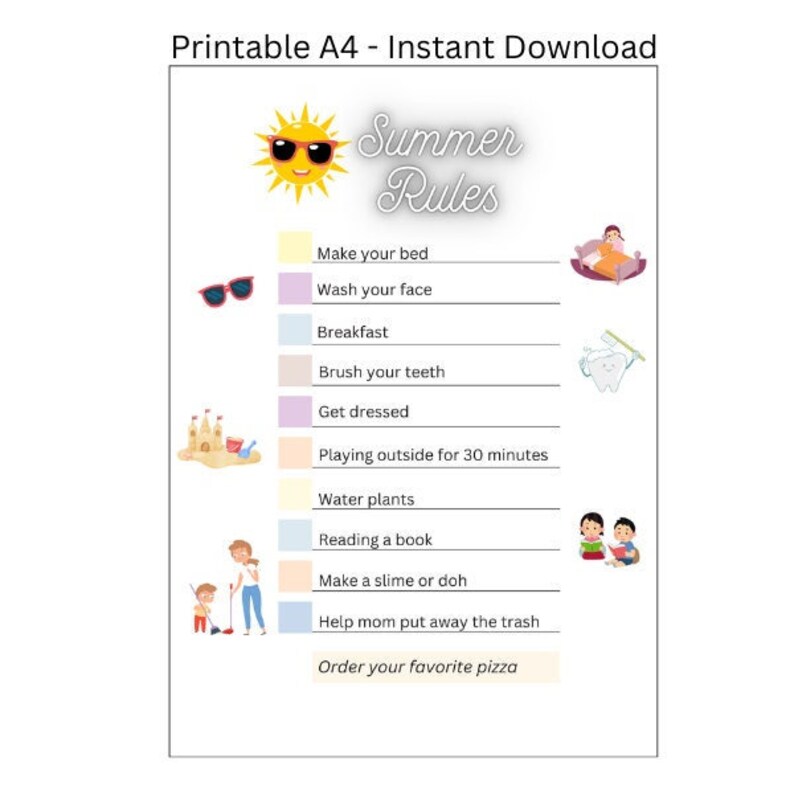 Editable Summer Rules, Printable Minimalistic Chore Chart PDF Daily ...