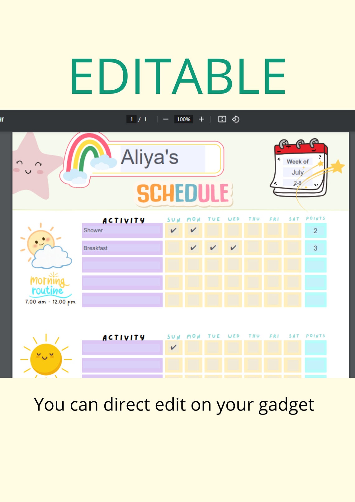 Kids Daily Activity Checklist Schedule Printable, Editable Chores Chart ...