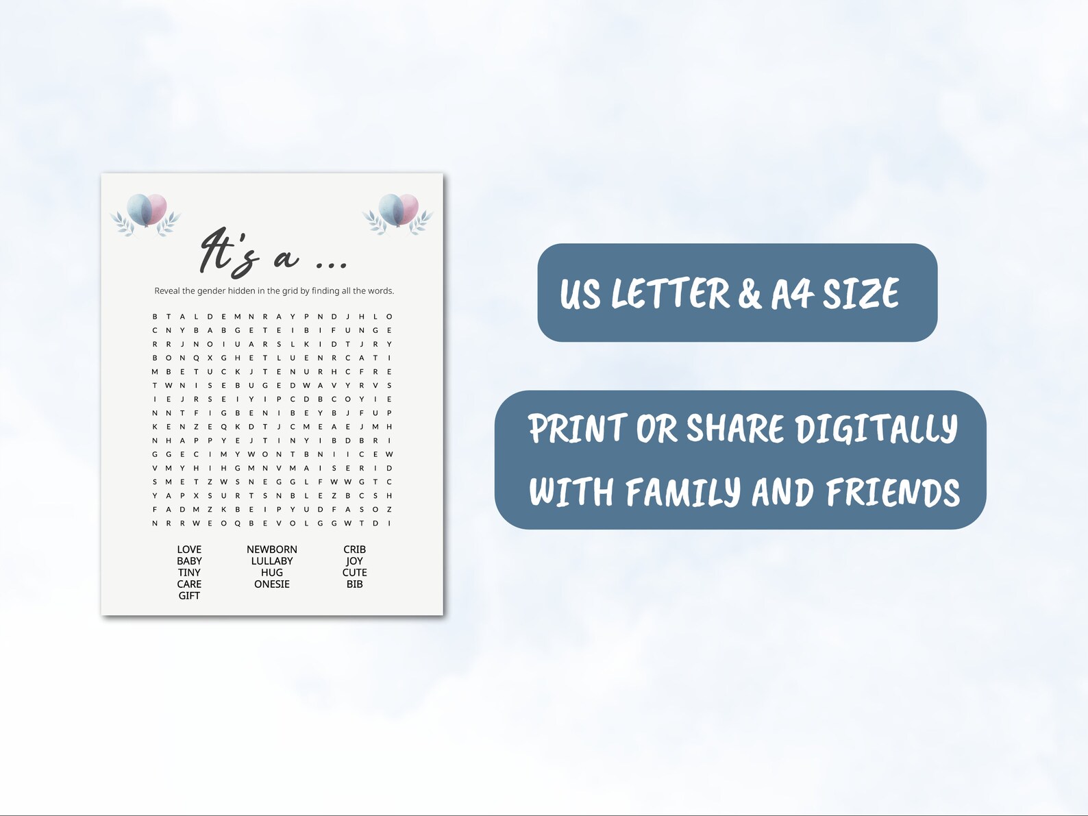 It's a Boy Gender Reveal Announcement Word Search Puzzle Guessing Party ...