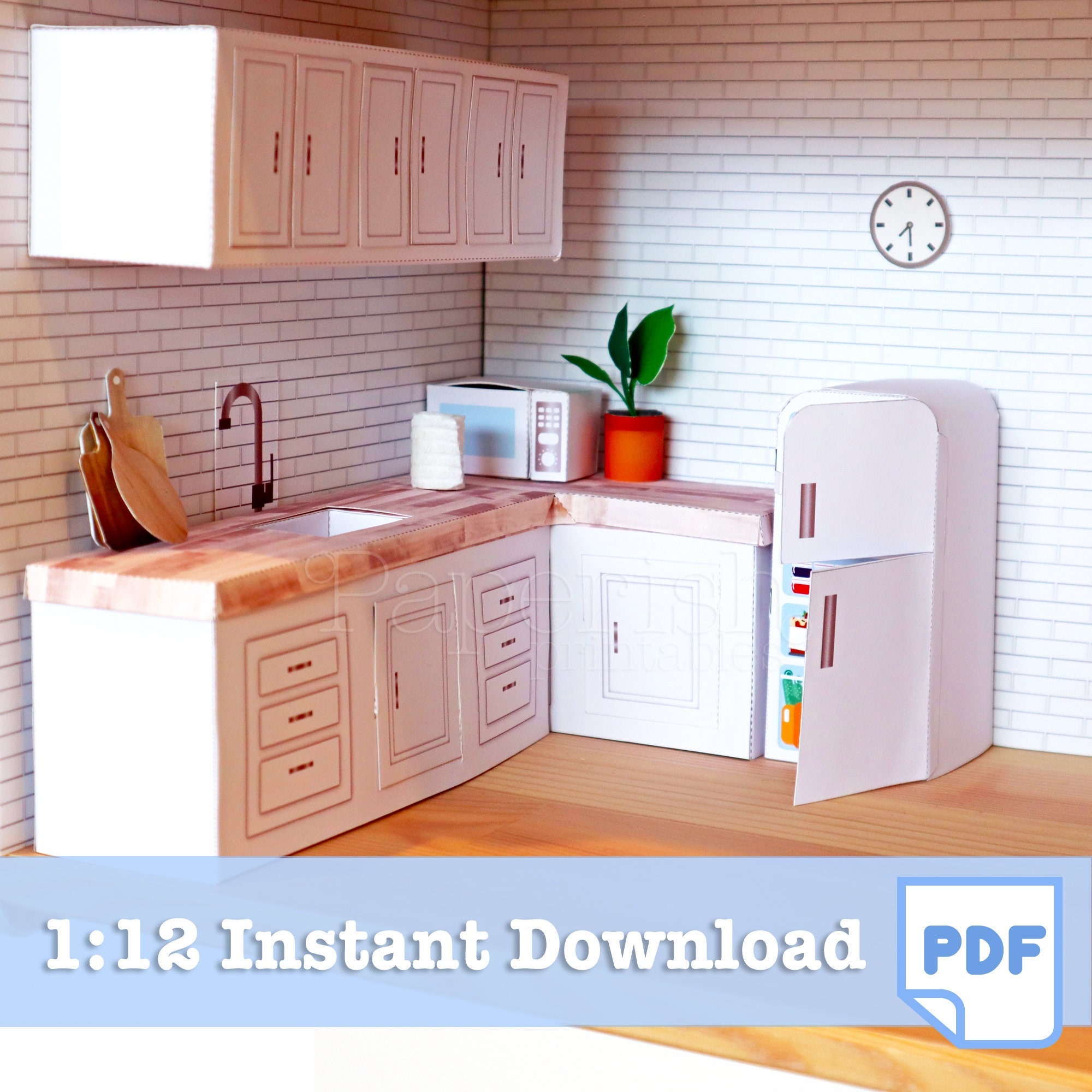 1/12 White PRINTABLE Miniature Kitchen Set Large: Dollhouse Kit ...
