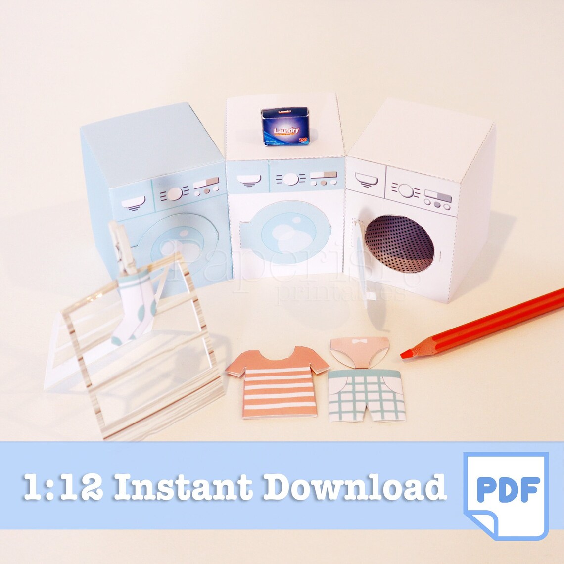 1/12 BLUE Washing Machine Miniature Printables Dollhouse Miniatures ...