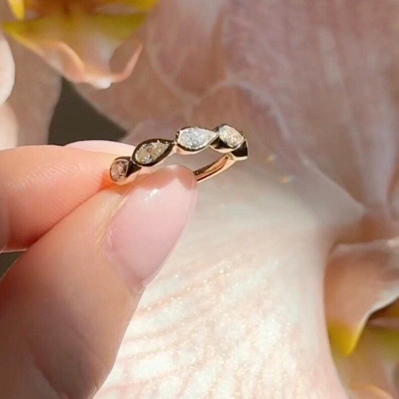 Antique 2 TCW Pear Cut Wedding Band Five Stone Moissanite Ring East West Pear Cut Stacking Band ...