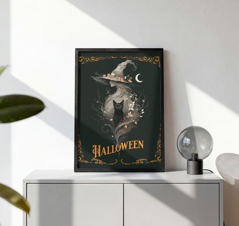 Halloween Witch Wall Art Print | Black Cat Moon Gothic Decor | Dark ...
