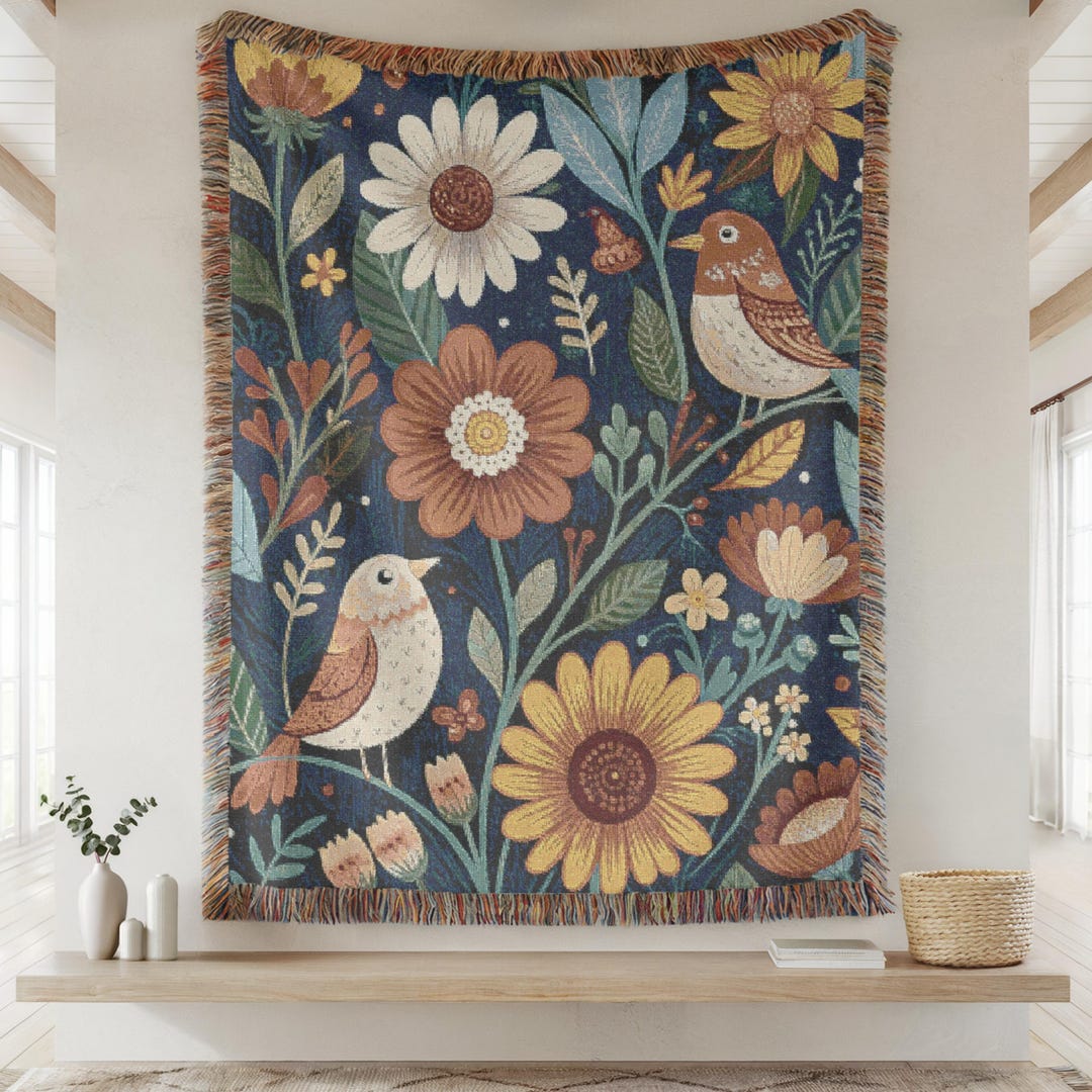 Scandinavian Birds Folk Art Woven Blanket – Nordic Folk Art Design ...