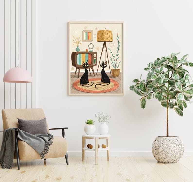 Atomic Cats Poster – Mid-century Modern Wall Art, Retro Black Cat Print ...