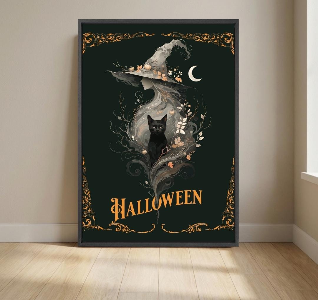 Halloween Witch Wall Art Print | Black Cat Moon Gothic Decor | Dark ...