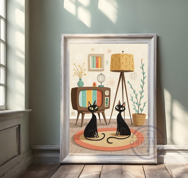 Atomic Cats Poster – Mid-century Modern Wall Art, Retro Black Cat Print ...