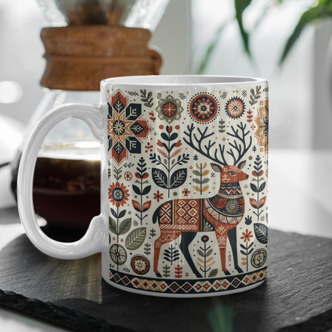 Scandinavian Style Mug With Stag | Hygge Folk Art Coffee Cup for Cozy ...