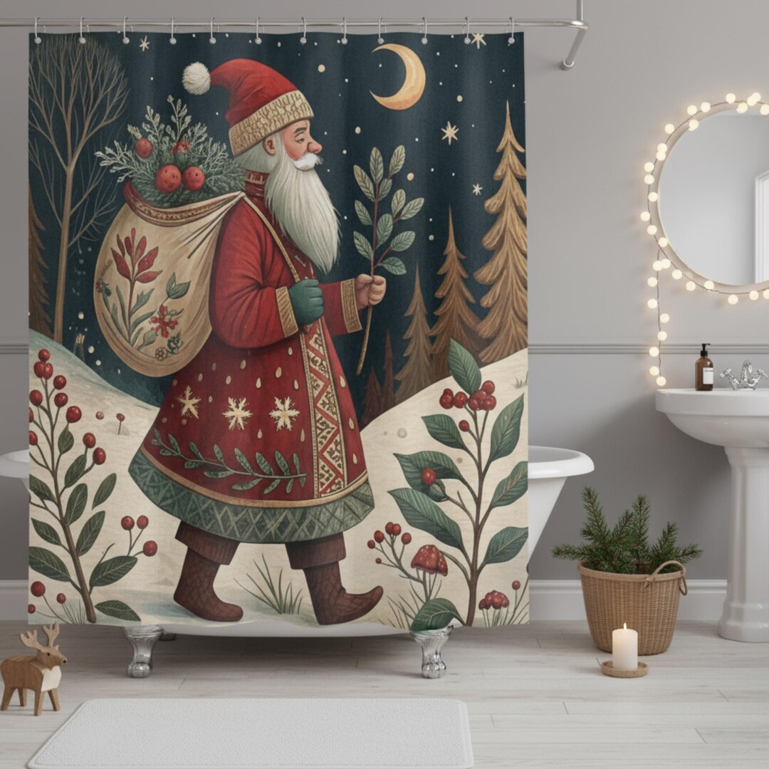 Vintage Scandinavian Santa Shower Curtain – Nordic Folk Christmas ...