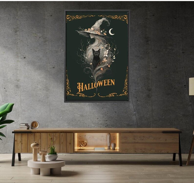 Halloween Witch Wall Art Print | Black Cat Moon Gothic Decor | Dark ...