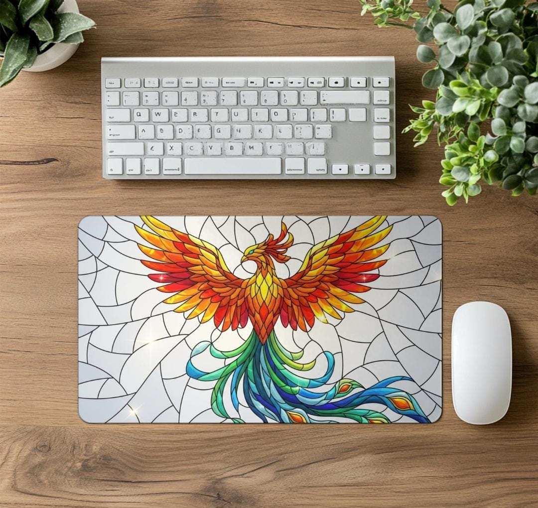 Stained Glass Phoenix Desk Mat – Rebirth & Strength Office Decor ...