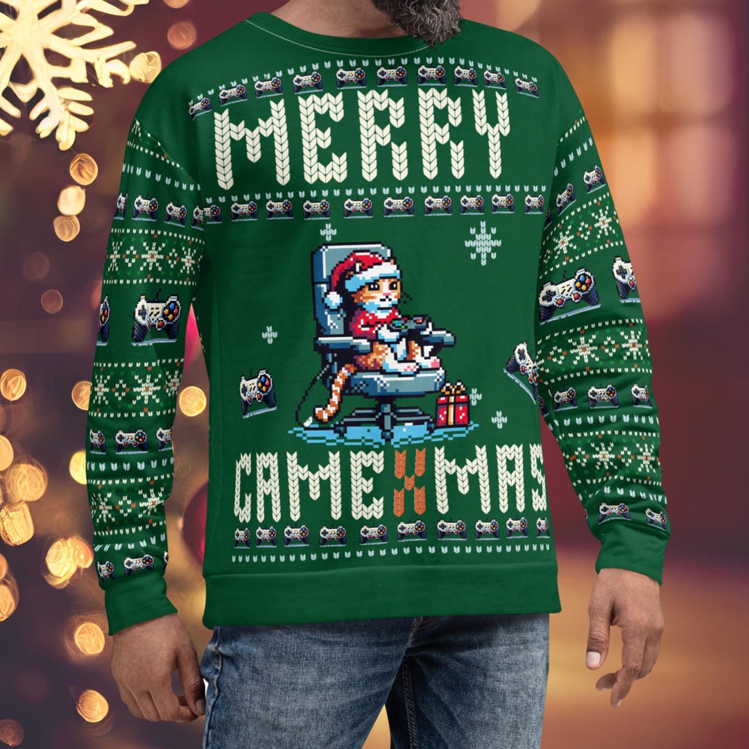 Ugly Christmas Sweater, Gamer Cat Design, Funny Gift for Video Game ...