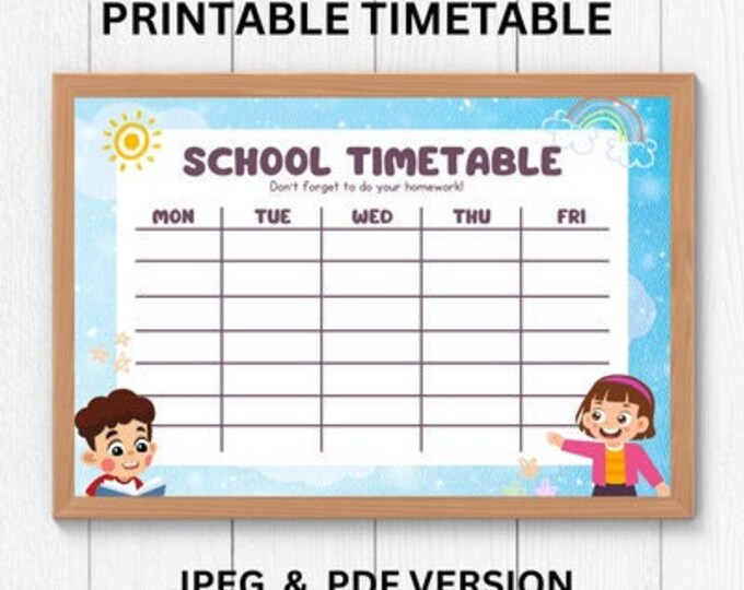 Printable School Timetable Gift for Kids and Children | School Class ...