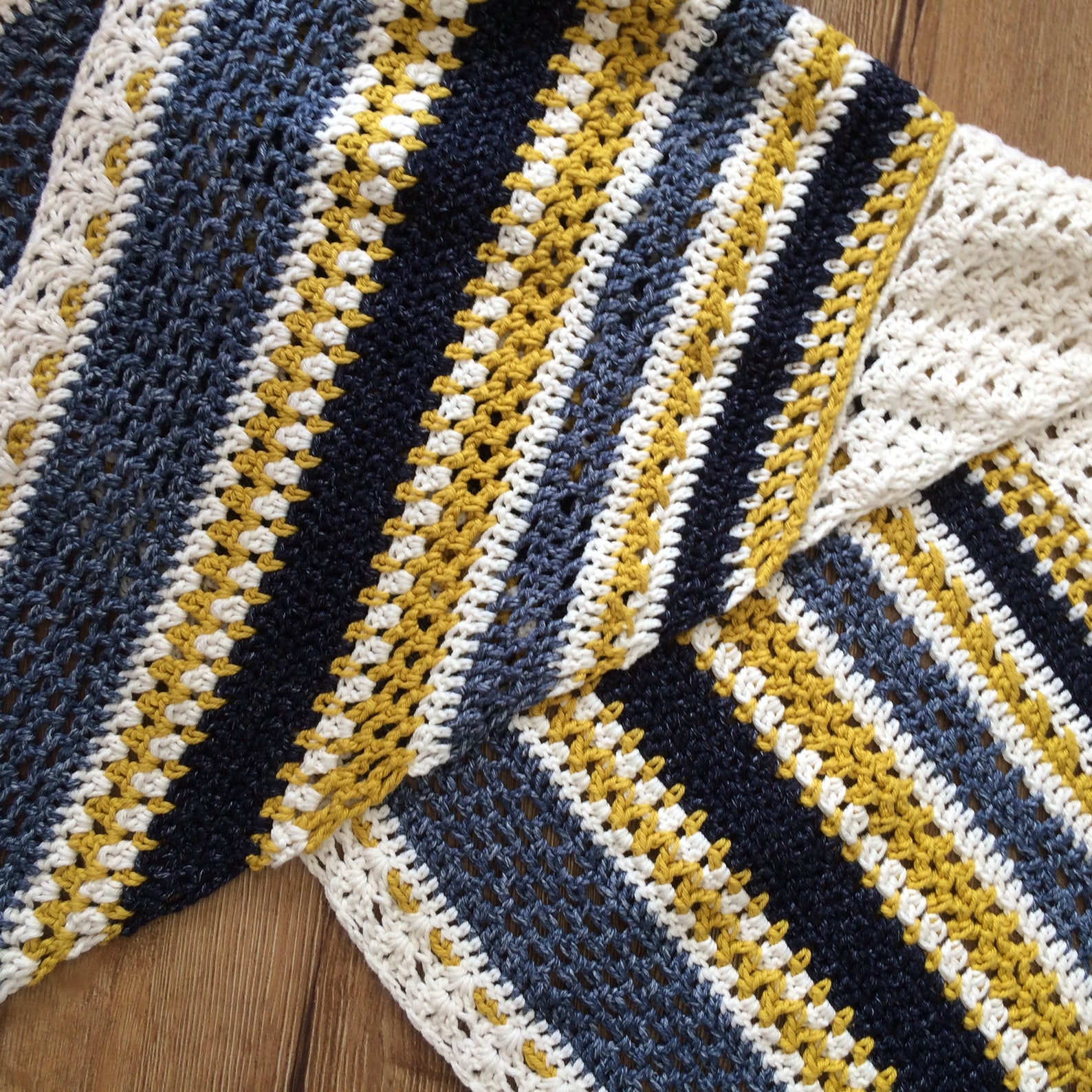 Crochet Shawl Pattern, Norfolk Stripes Shawl, Cotton Yarn, Mustard and ...