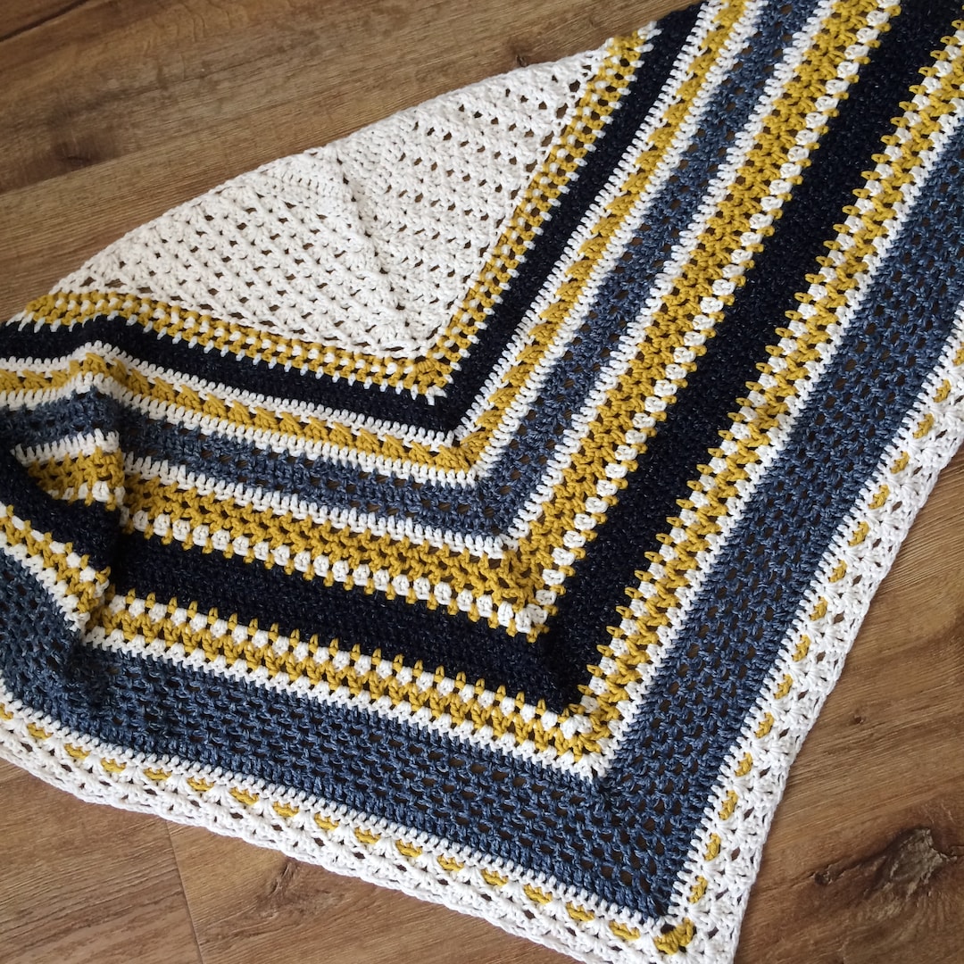 Crochet Shawl Pattern, Norfolk Stripes Shawl, Cotton Yarn, Mustard and ...