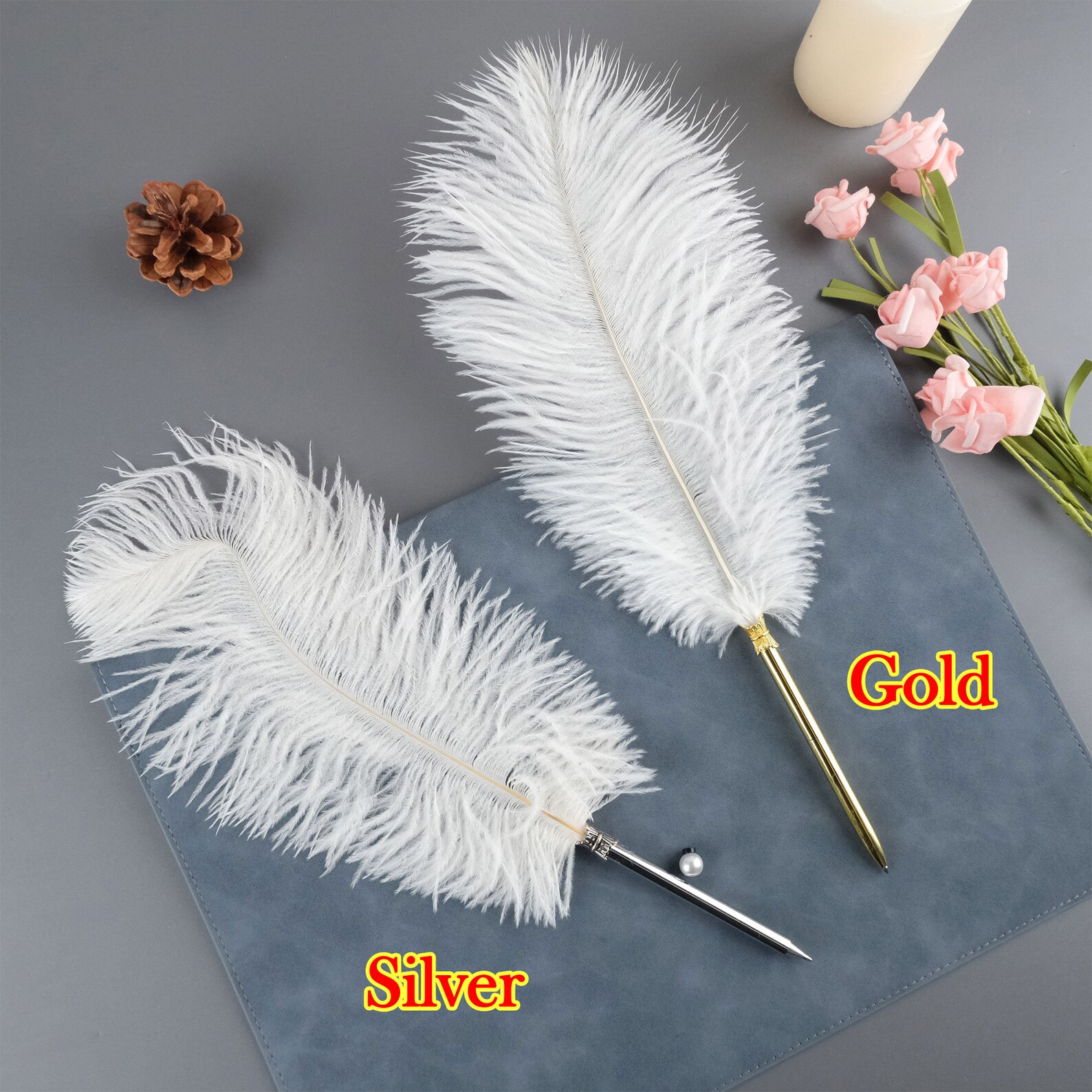 Feather Pen Gold, Custom Gold Quill Pen, White Ostrich Feather Pen ...