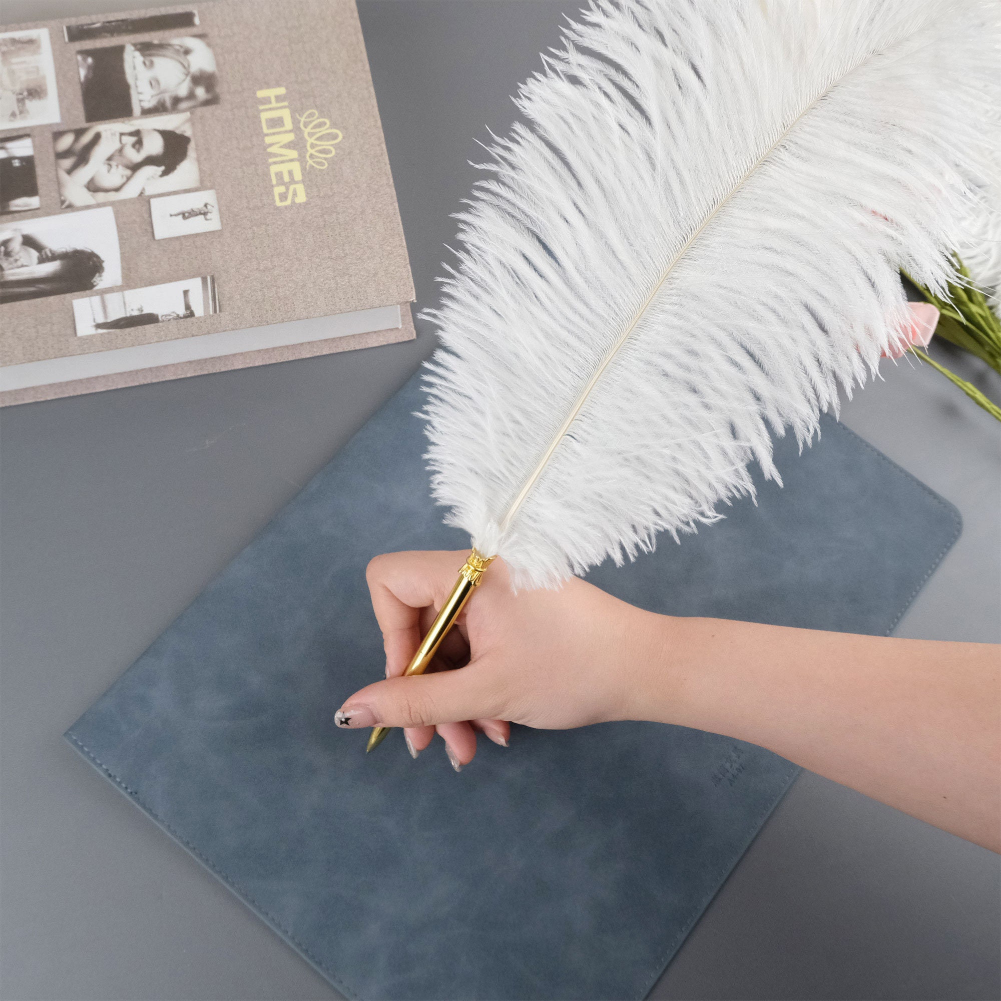 Feather Pen Gold, Custom Gold Quill Pen, White Ostrich Feather Pen ...