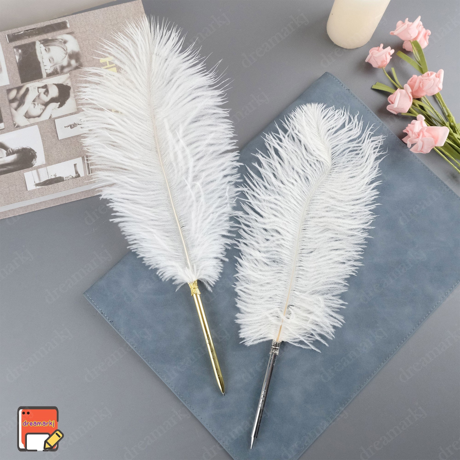 Feather Pen Gold, Custom Gold Quill Pen, White Ostrich Feather Pen ...