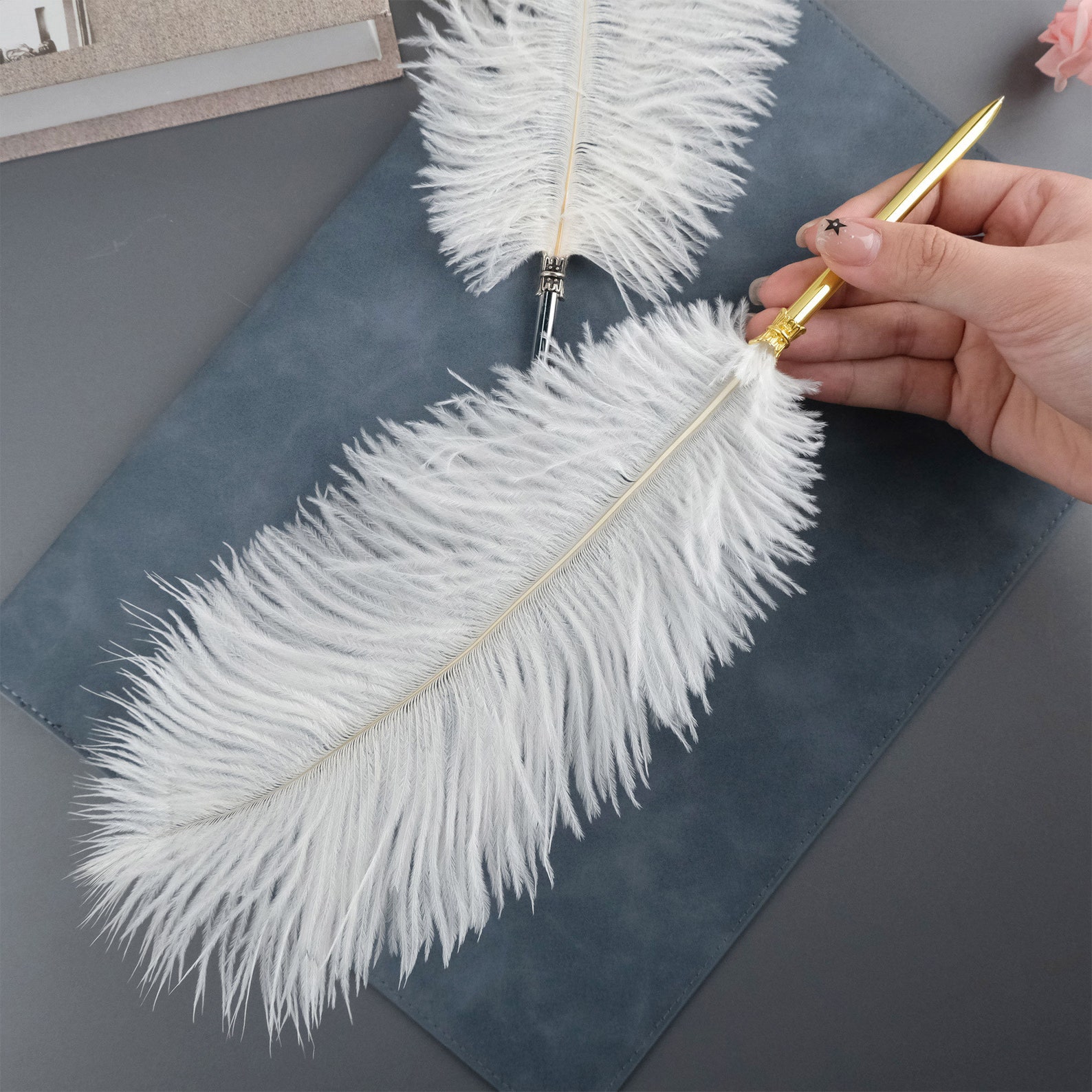 Feather Pen Gold, Custom Gold Quill Pen, White Ostrich Feather Pen ...