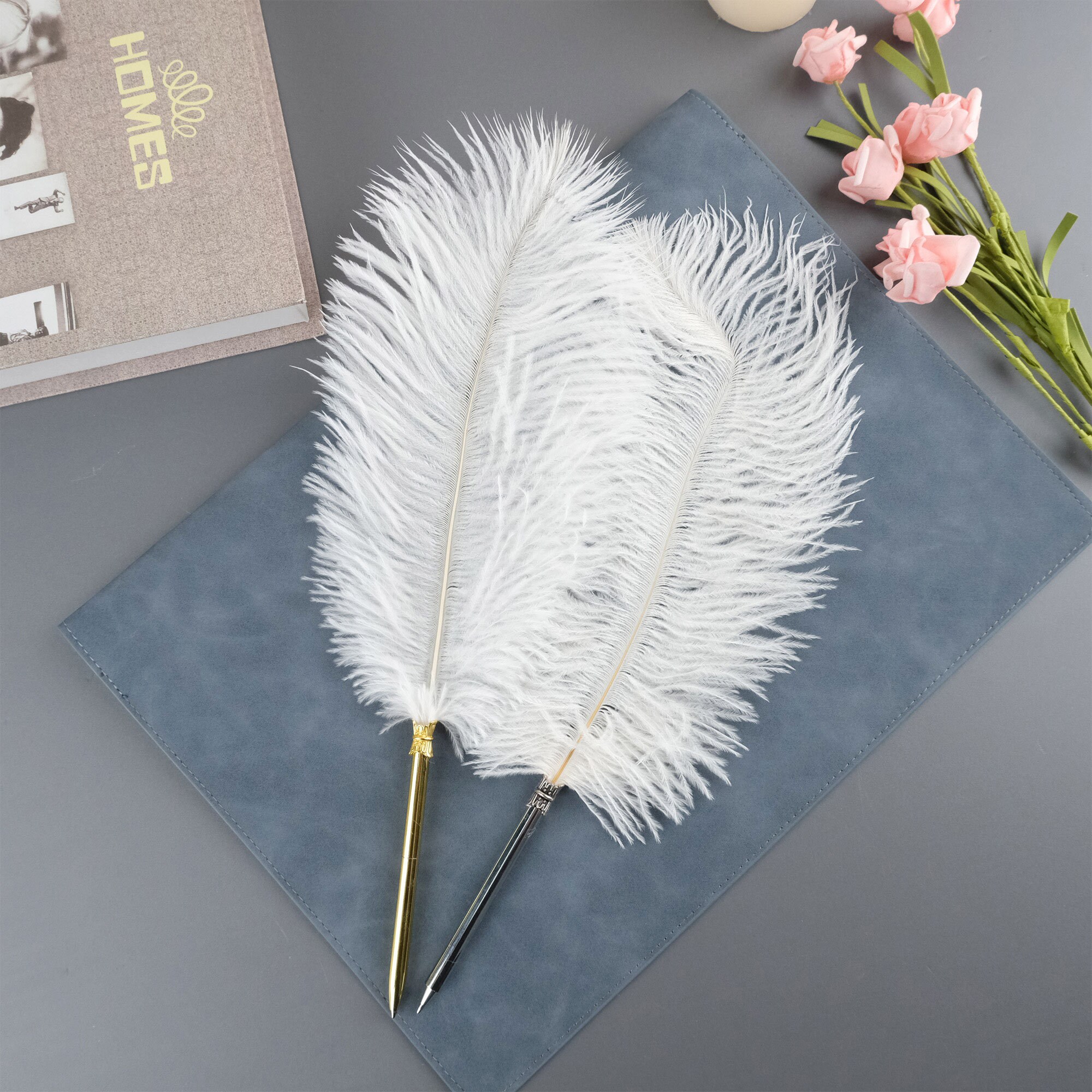 Feather Pen Gold, Custom Gold Quill Pen, White Ostrich Feather Pen ...