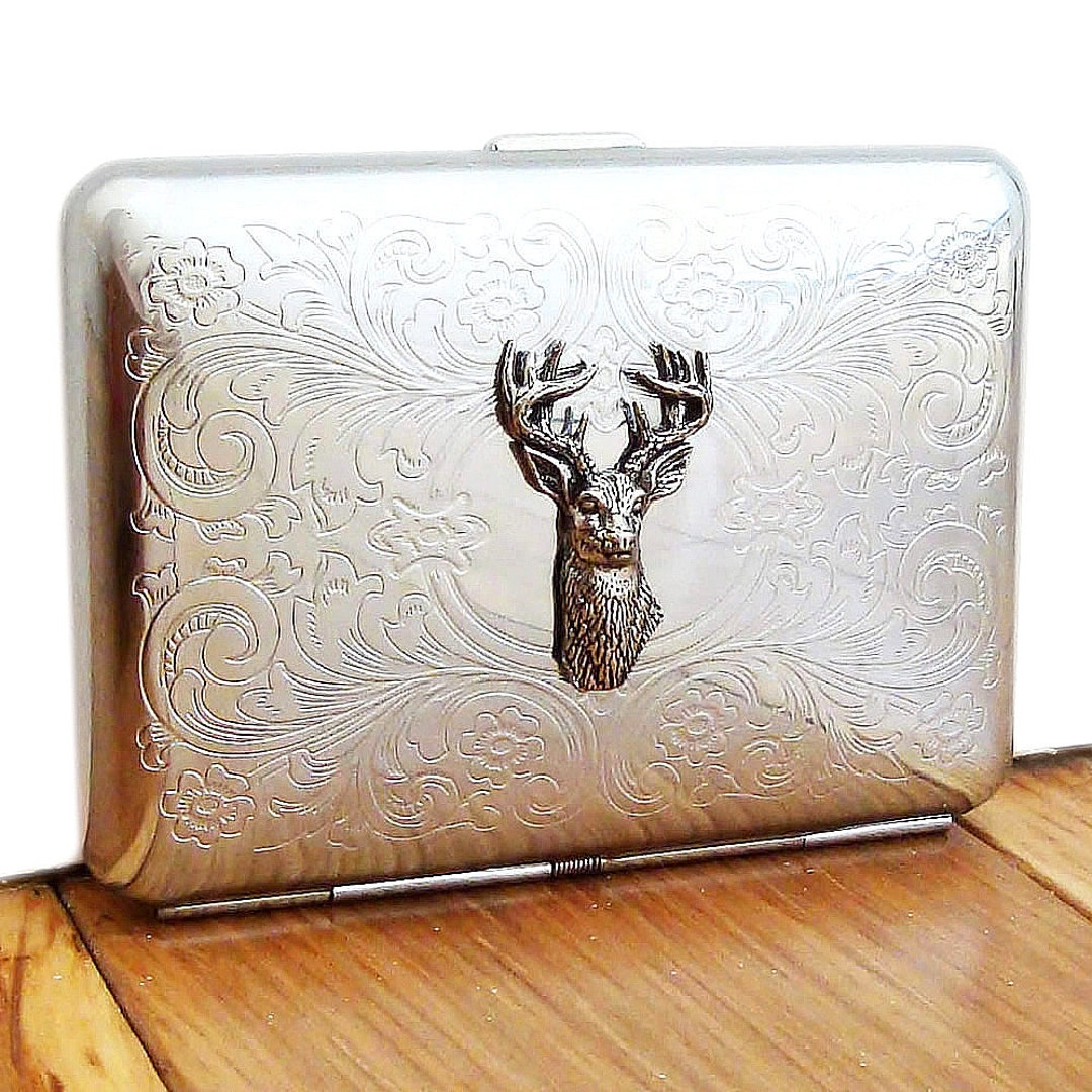 Stag Cigarette Case or Business Card Holder. Scrolly Ornate Pattern. - Etsy