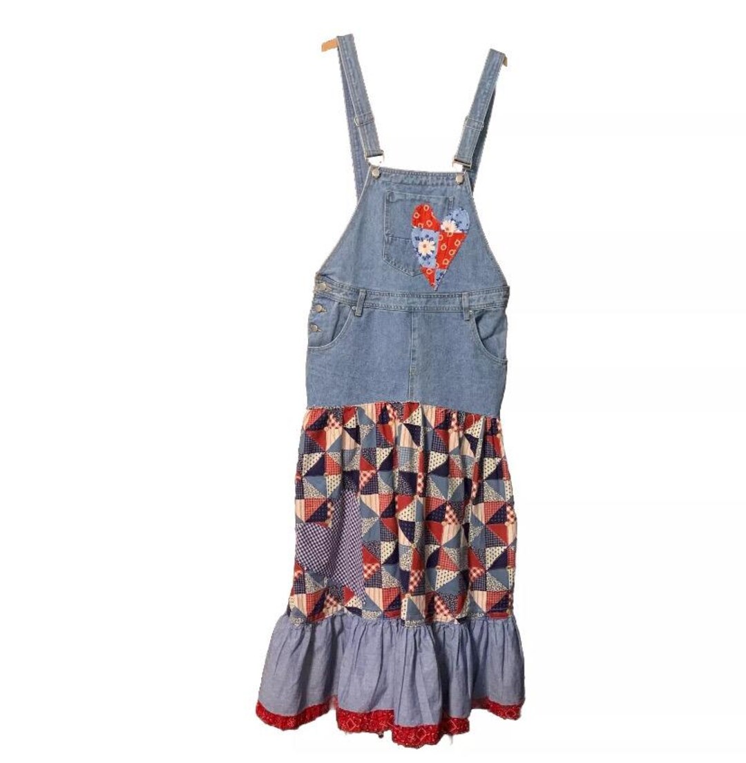 Upcycled Maxi Bib Overall Dress M Patchwork Ruffle Boho Artsy Festival ...