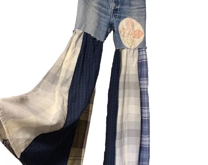 Vtg Levi Bell Bottom Jeans Upcycled Wide Flared 26 X 34 Boho Hippie ...
