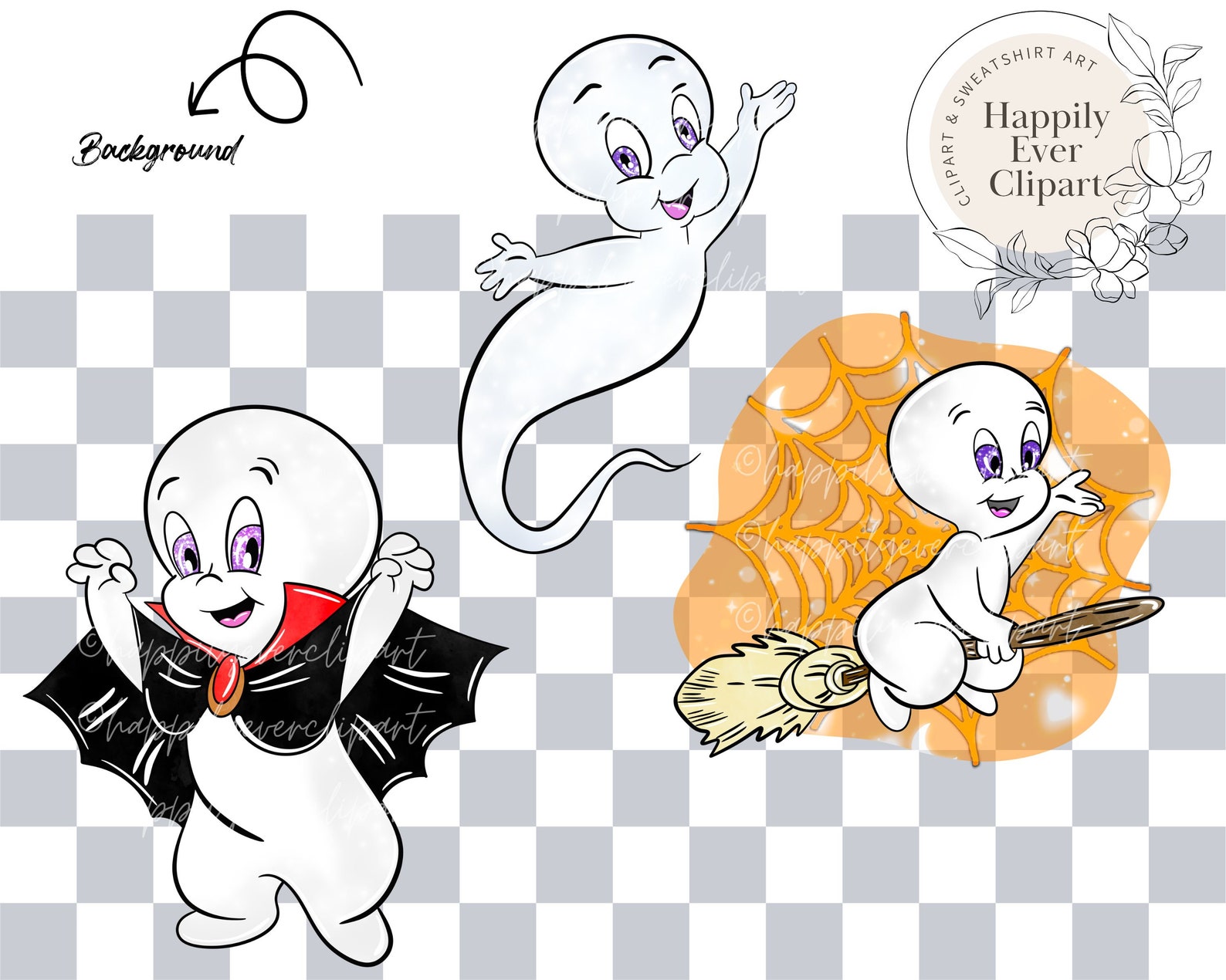 Watercolour Casper Ghost Clipart Set / Casper Ghost 300 Dpi Digital Downloads PNG Printable ...