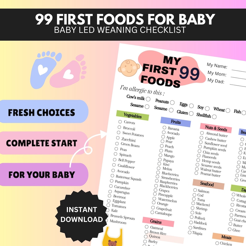My First 99 Food for Baby Checklist, Baby Led Weaning, Baby Food ...