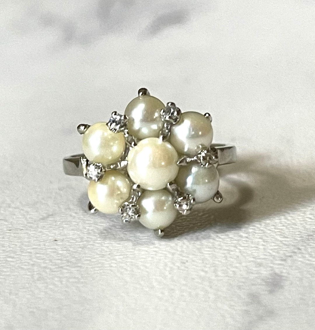 Vintage Pearl and Diamond Cluster Ring - Etsy