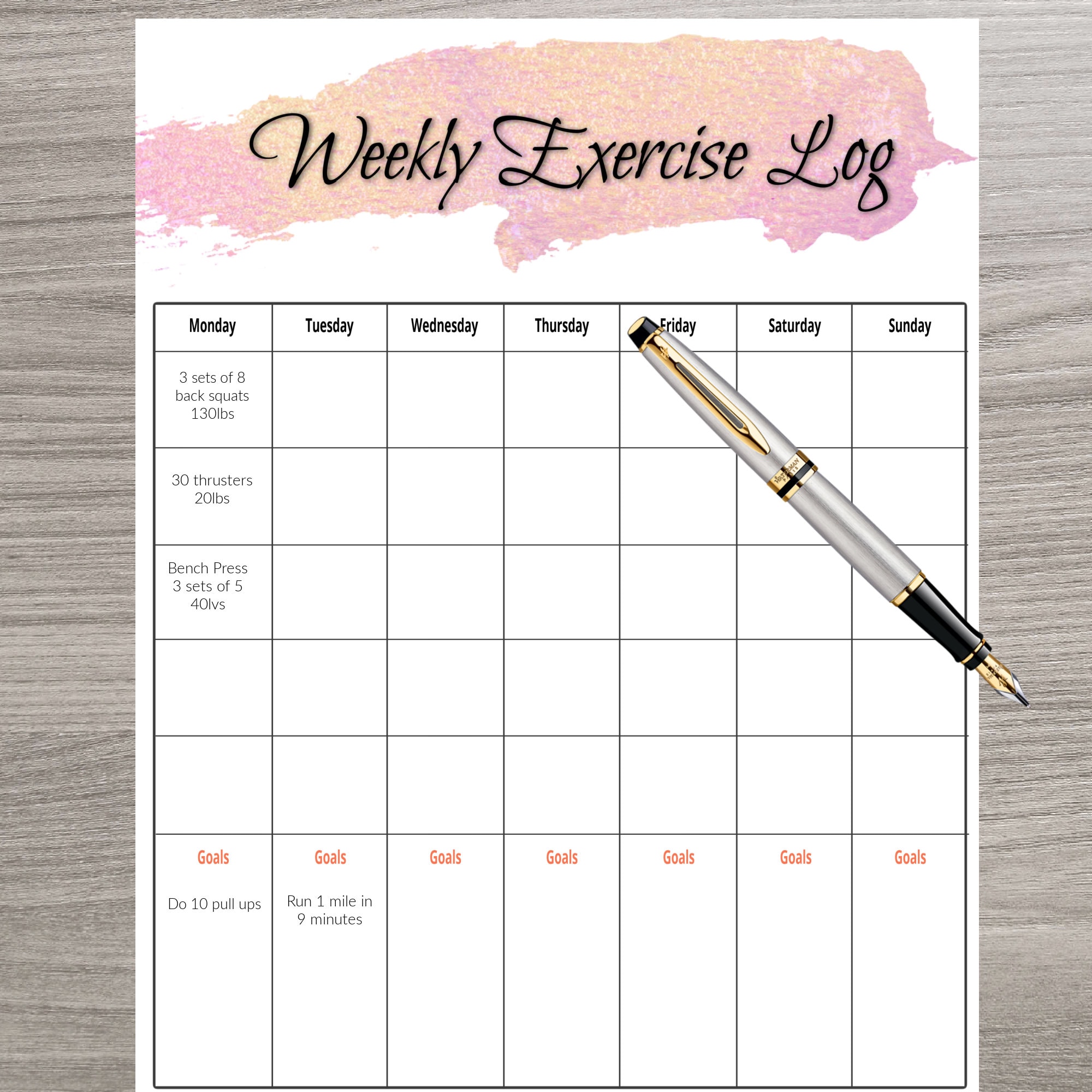 Printable Weekly Exercise Log - Digital Printable Download Exercise ...