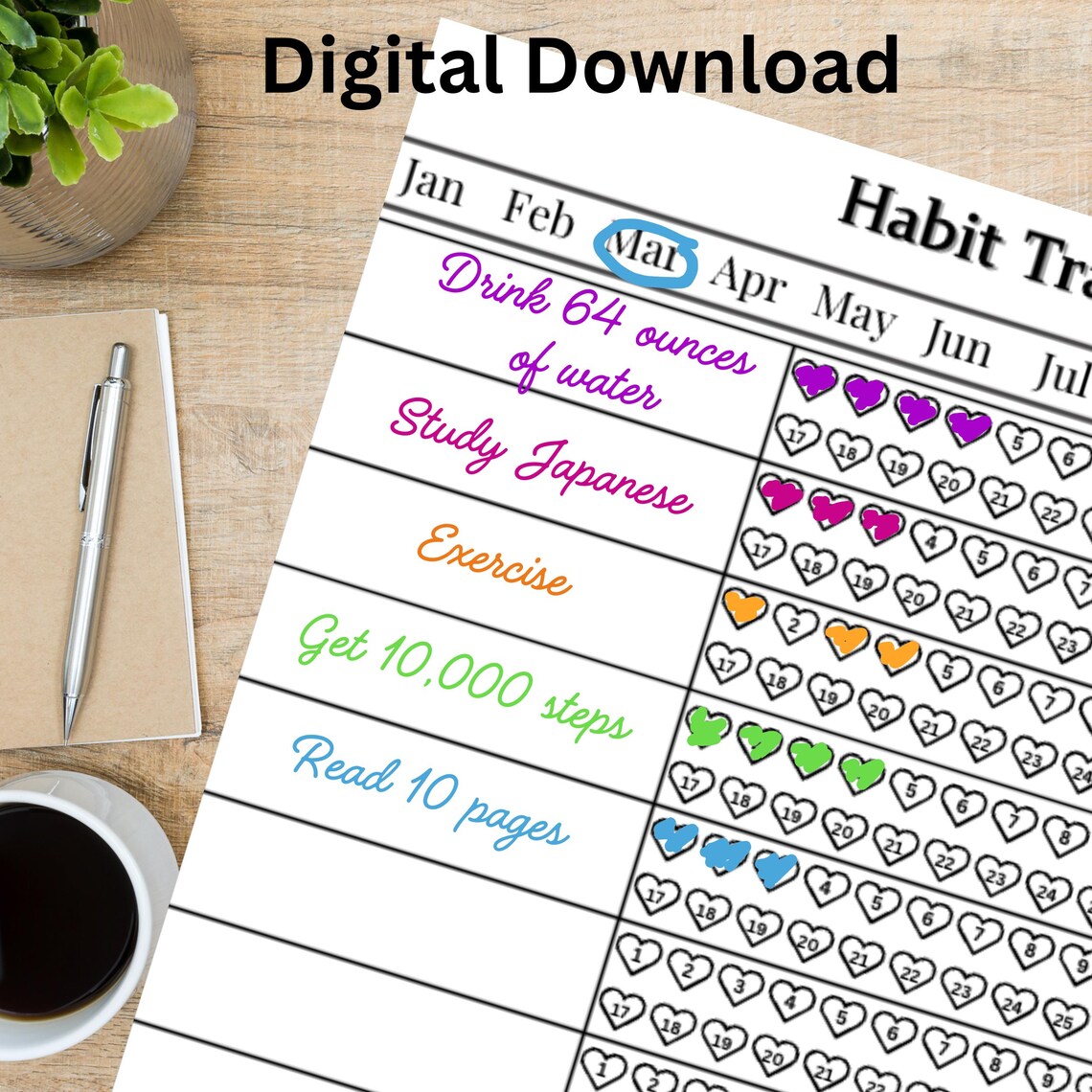 Printable Heart Shaped Habit Tracker Digital Download - Etsy