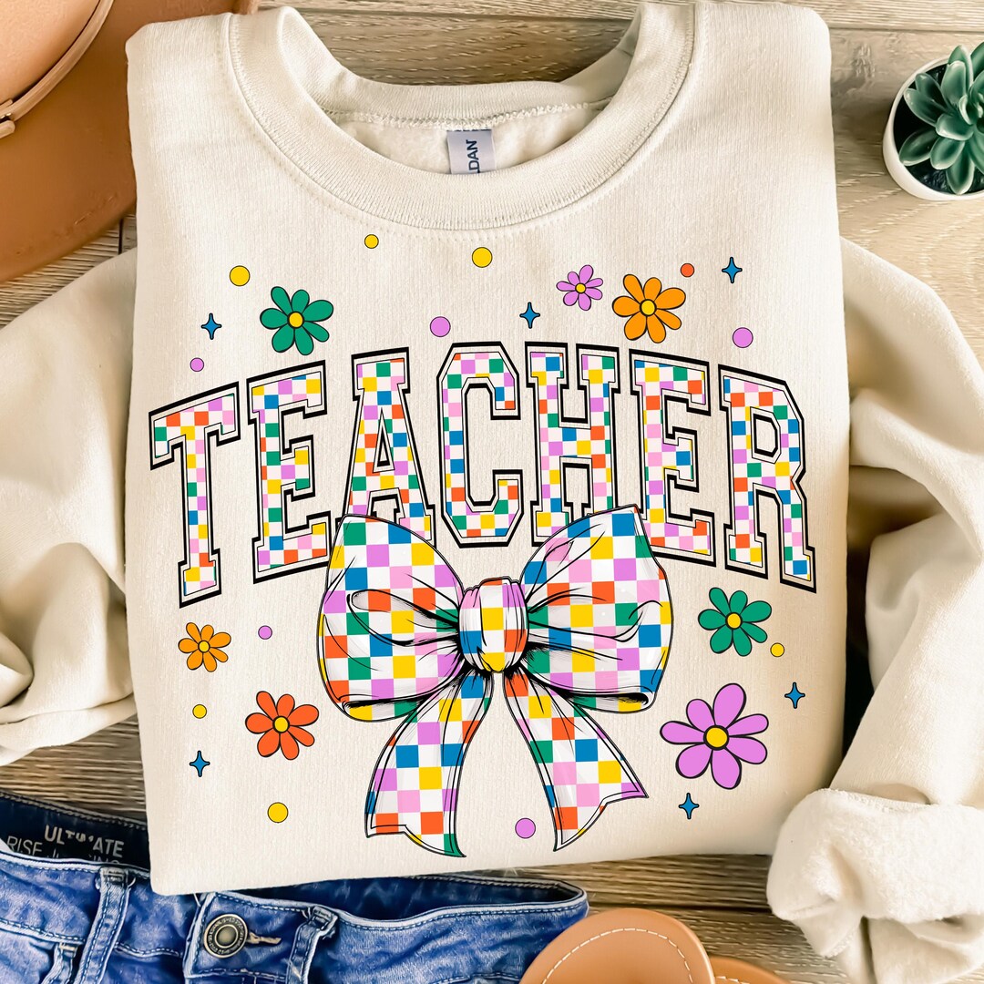Teacher Coquette Bow Png, Teacher Png, Colorful Checkered Coquette Png ...