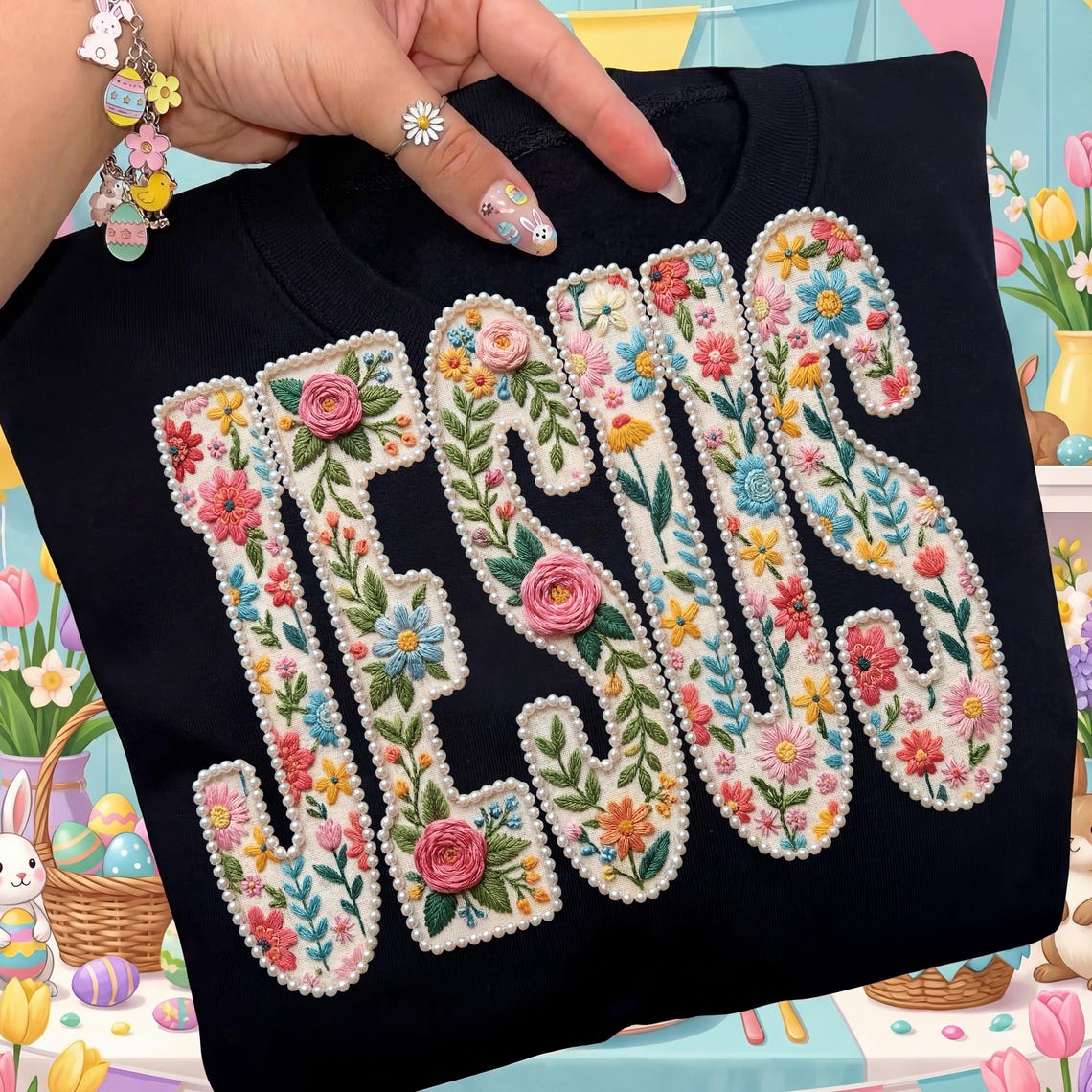Floral Easter Jesus Patchwork Pearls PNG, Easter PNG, Floral Retro ...